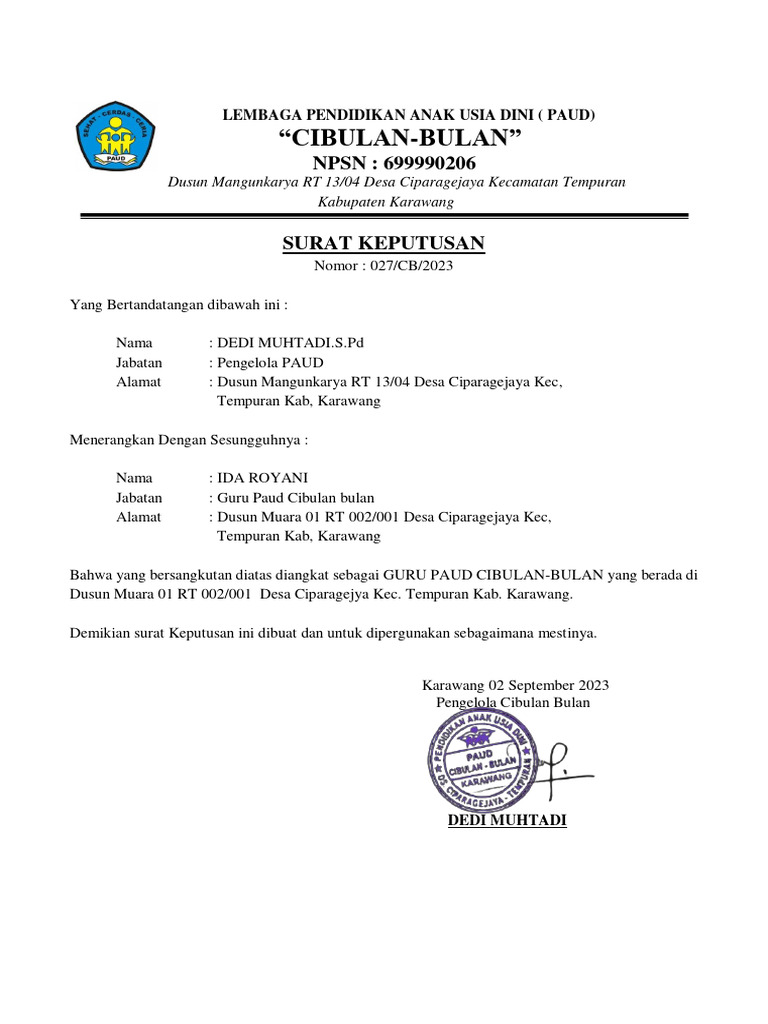 SK GURU PAUD Desember 2023 Ibu Ida | PDF