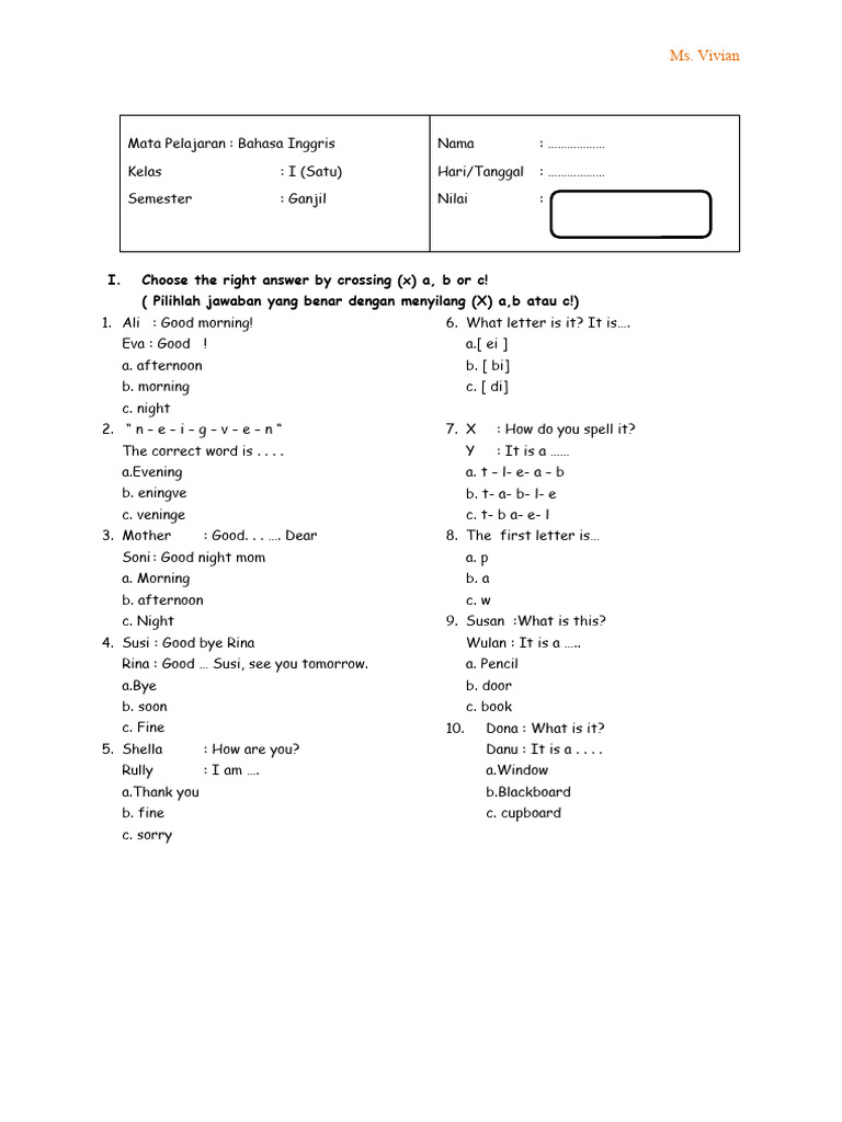 Grade 1 SAS 1 B. Inggris | PDF