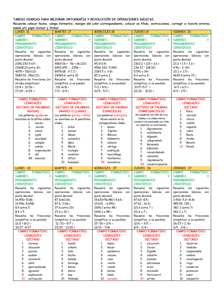 Tareas Diarias para Mejorar Ortografía y Resolución de Operaciones ...