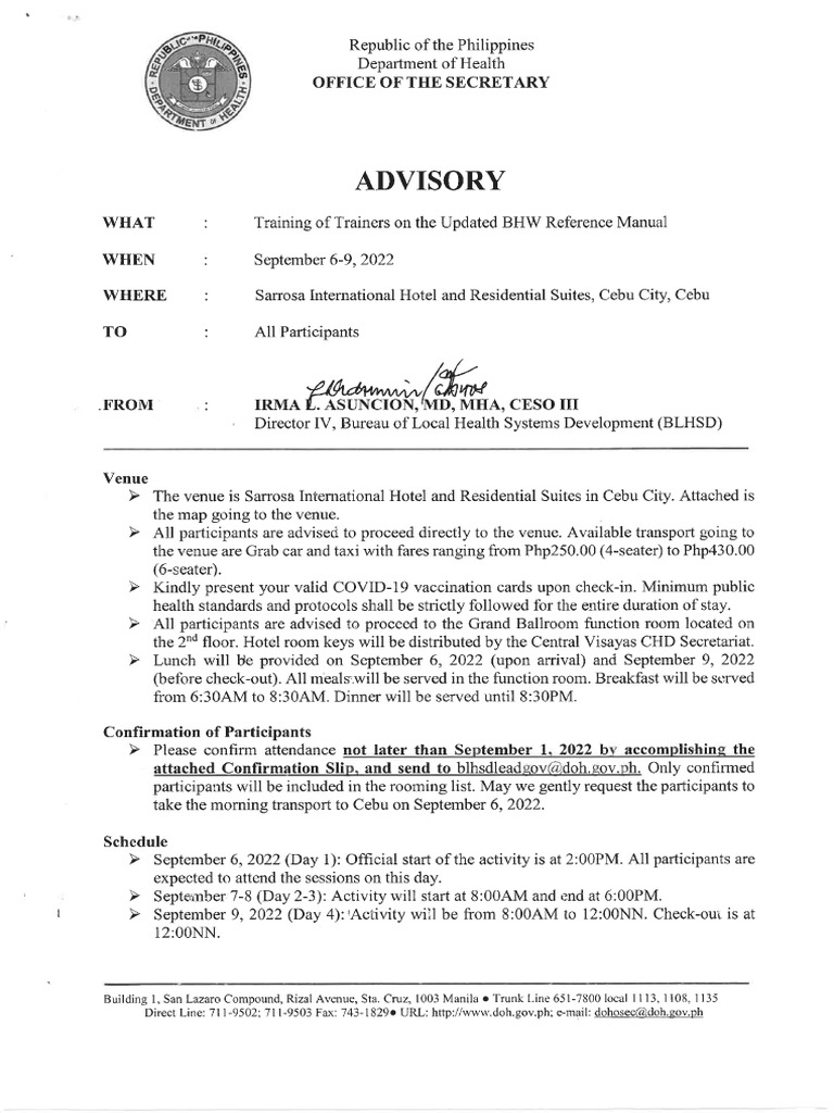 Training of Trainers On The Updated BHW Reference Manual - Sept. 6-9 ...