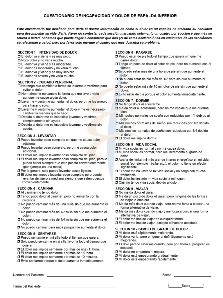 Modified Oswestry Disability Index SPANISH | PDF | Salud y bienestar