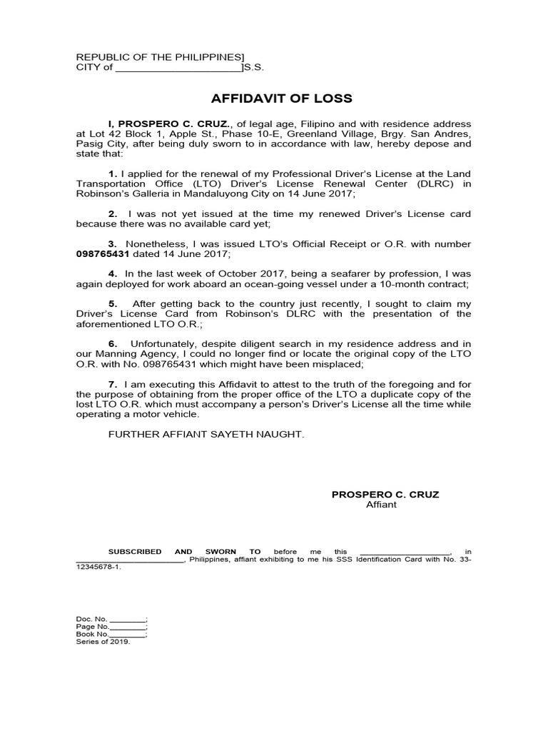 Sample Affidavit of Loss | PDF