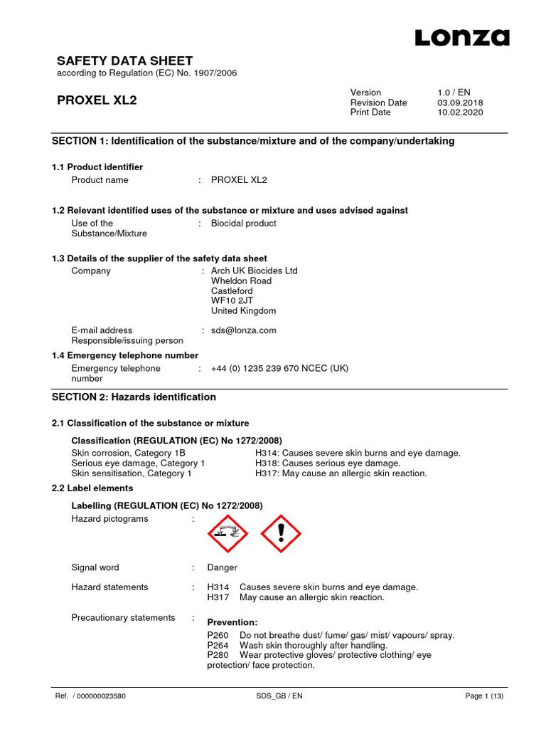 Proxel XL2 - MSDS | PDF | Dangerous Goods | Toxicity