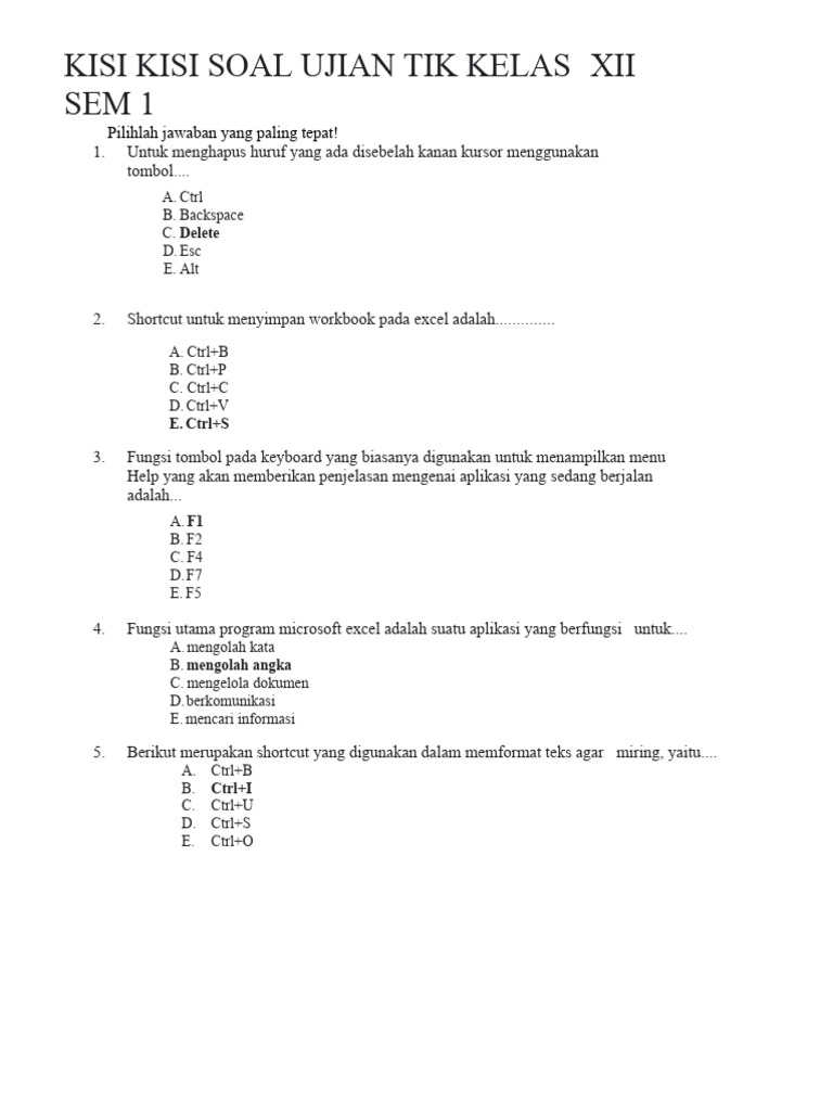 Kisi Kisi Soal Ujian Tik Kelas Xii Sem 1 2023-2024 | PDF
