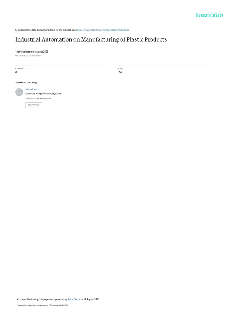 Industrial Automation On Manufacturing of Plastic Products: August 2023 | PDF | Automation ...