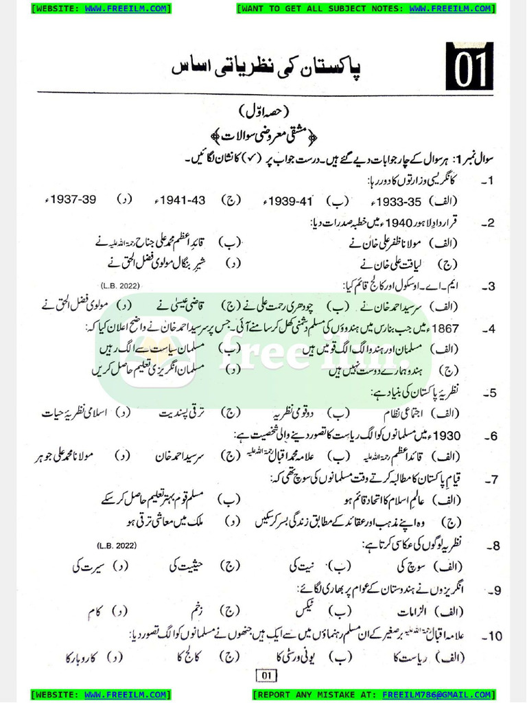 (UM) 9th Pak Study CH 1 MCQ's | PDF