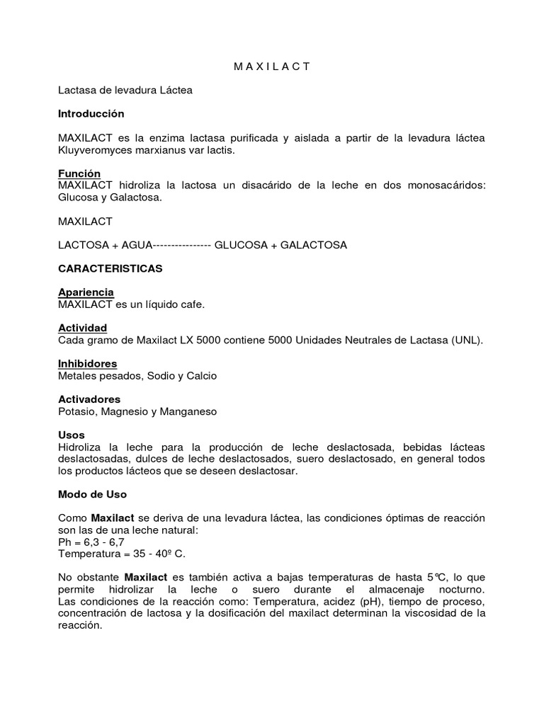 Maxilact: Enzima para deslactosar leche | PDF | Leche | Glucosa