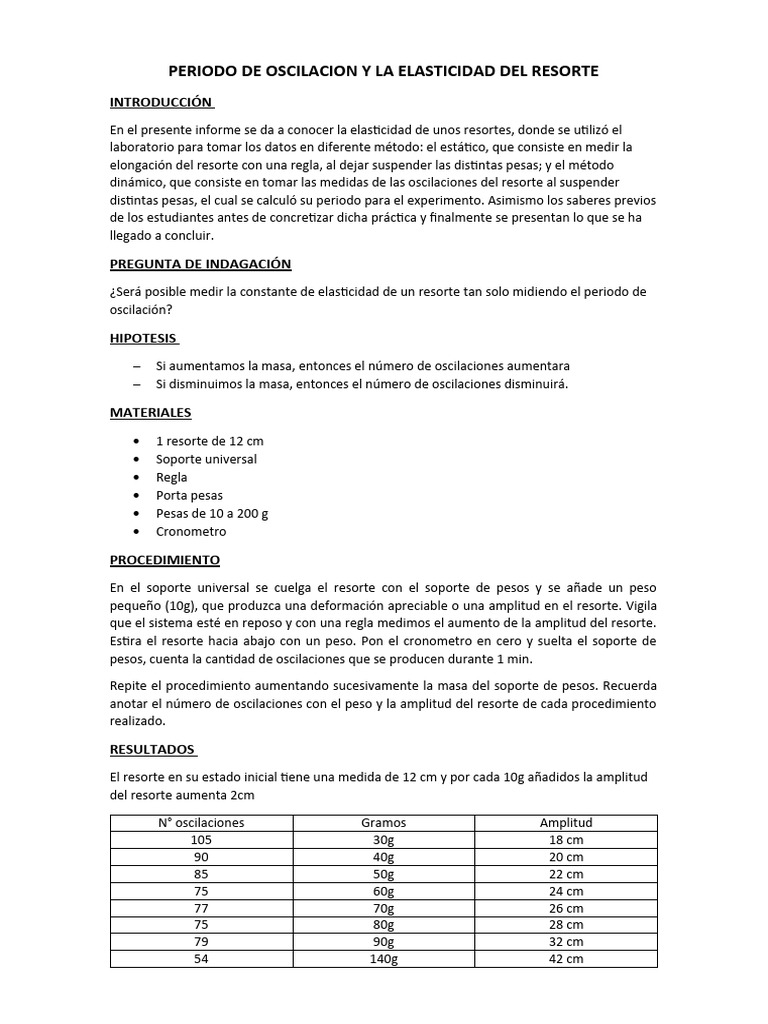 Periodo de Oscilacion y La Elasticidad Del Resorte 2 (Resultado) | PDF | Oscilación | Masa