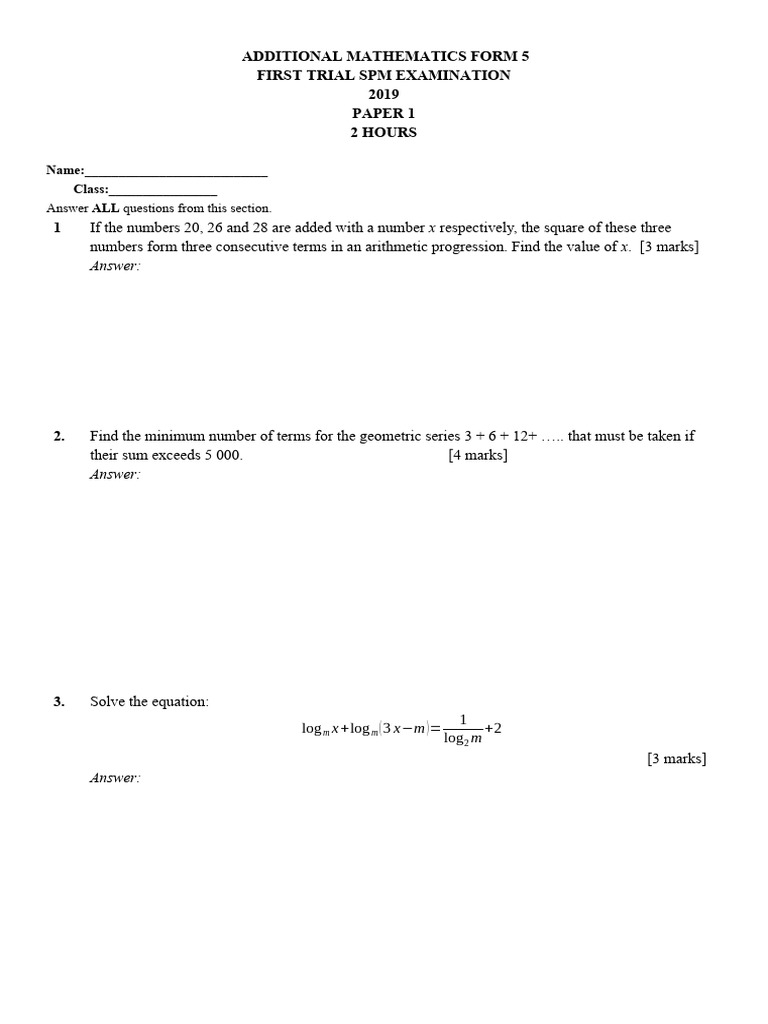 2019 First Trial P1 | PDF | Equations | Mathematics
