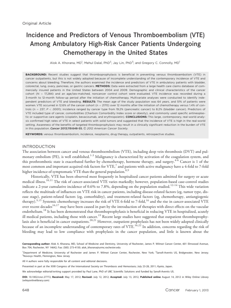 Alok A. Khorana - Incidence and Predictors of Venous Thromboembolism (VTE) Among Ambulatory High ...