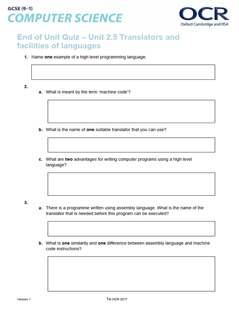 2.5 Translators and Facilities of Languages End of Unit Quiz Lesson ...