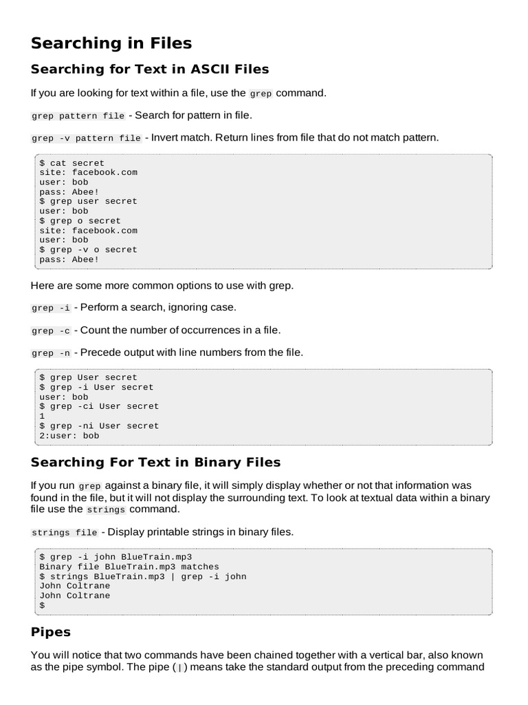 Searching in Files and Pipes Text | PDF | Computer Data | Computing