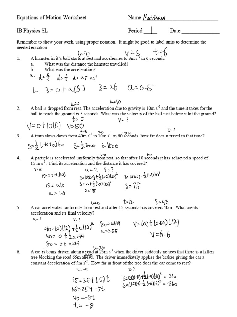 October Week Equations of Motion Worksheet | PDF | Acceleration ...