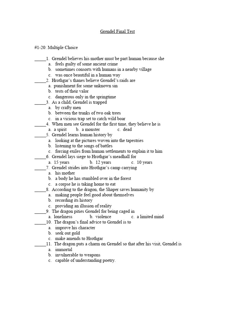 Grendel Final Test | PDF | General Fiction