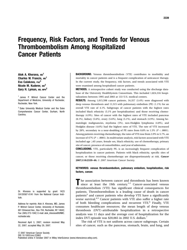 Khorana AA - Frequency, Risk Factors, and Trends For Venous ...
