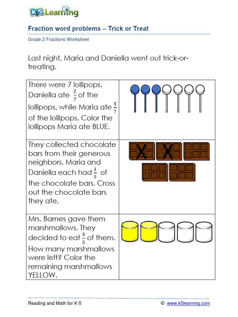 Fraction Word Problems - Trick or Treat: Grade 2 Fractions Worksheet | PDF