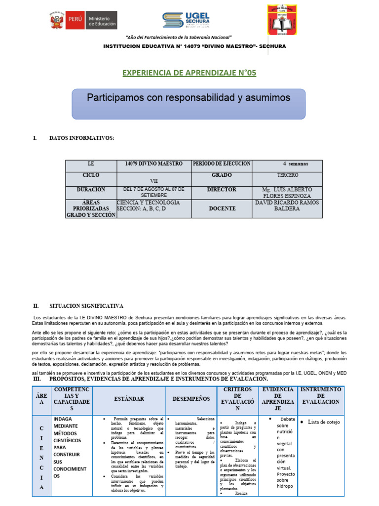 Participamos Con Responsabilidad y Asumimos: Experiencia de Aprendizaje N°05 | PDF | Evaluación ...