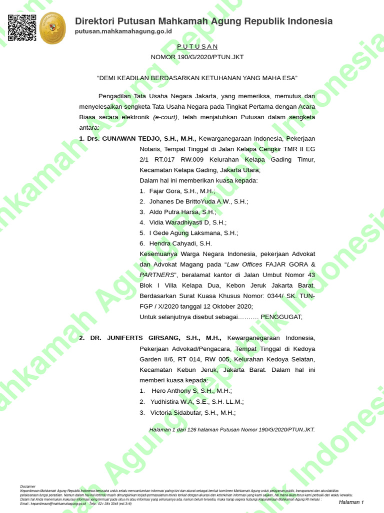 Putusan 190 G 2020 Ptun - JKT 20231009084019 | PDF