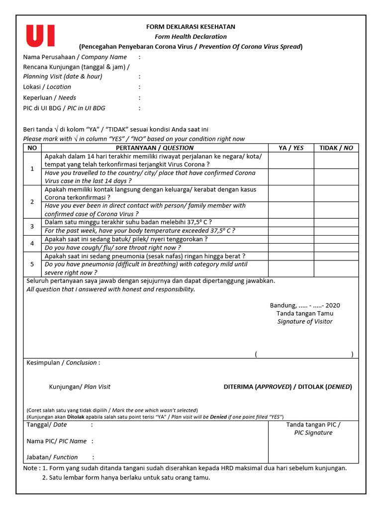 Formulir Deklarasi Kesehatan COVID-19 | PDF