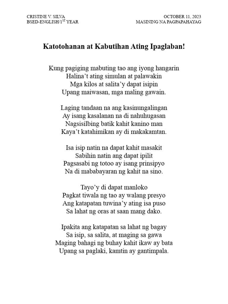 Katotohanan at Kabutihan Ating Ipaglaban | PDF