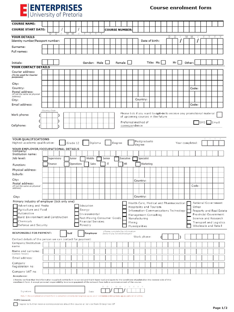 Digital Form Enterprises University of Pretoria Course Enrolment Form ...