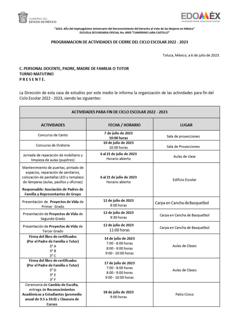 Actividades Cierre de Ciclo Escolar Matutino 23 | PDF
