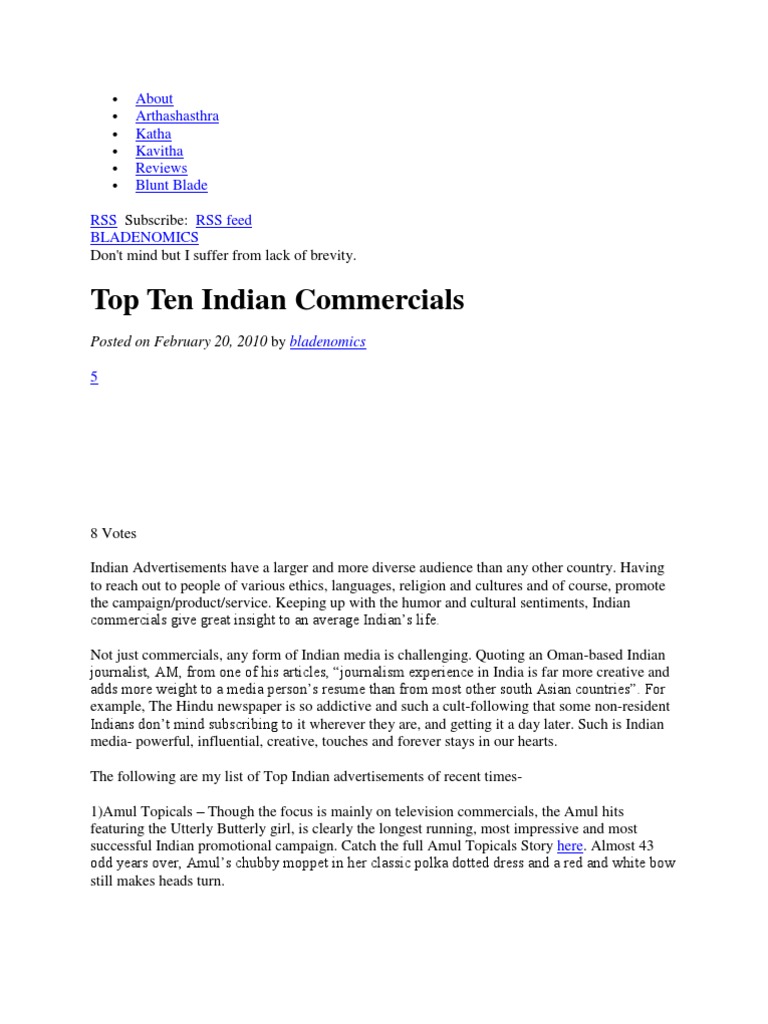 Top Ten Memorable Indian Commercials | PDF | Television Advertisement ...