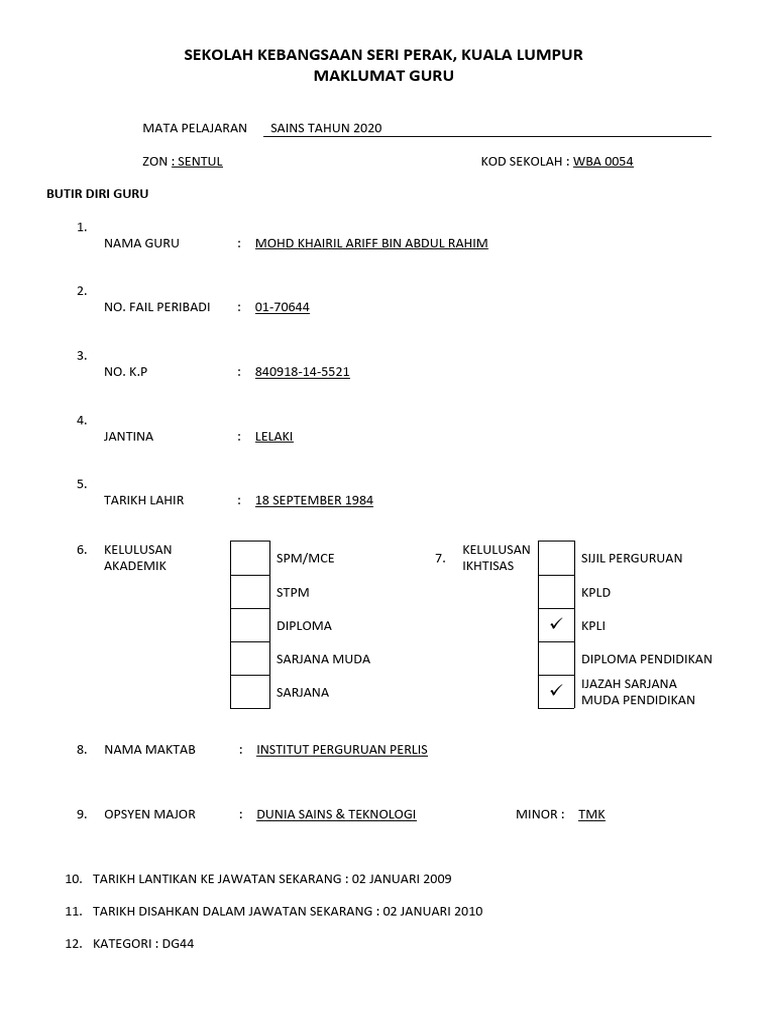 Maklumat Guru Fail Panitia 2020 | PDF