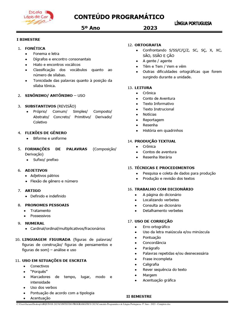 Conteúdo Programático de Língua Portuguesa - 5º Ano - 2023 - Completo ...