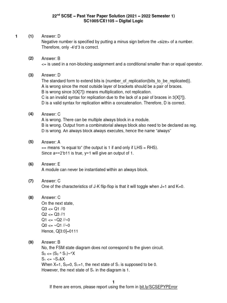 22 Scse - Past Year Paper Solution (2021 - 2022 Semester 1) SC1005/CX1105 - Digital Logic | PDF ...