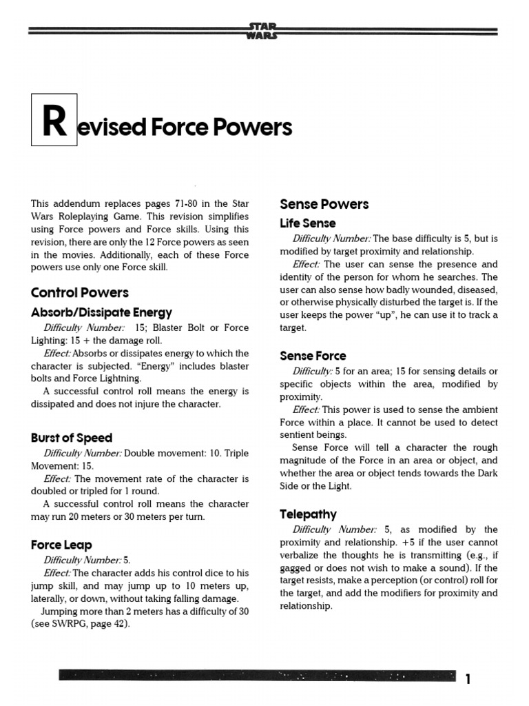 Revised Star Wars Force Powers Guide | PDF | Force | Thought