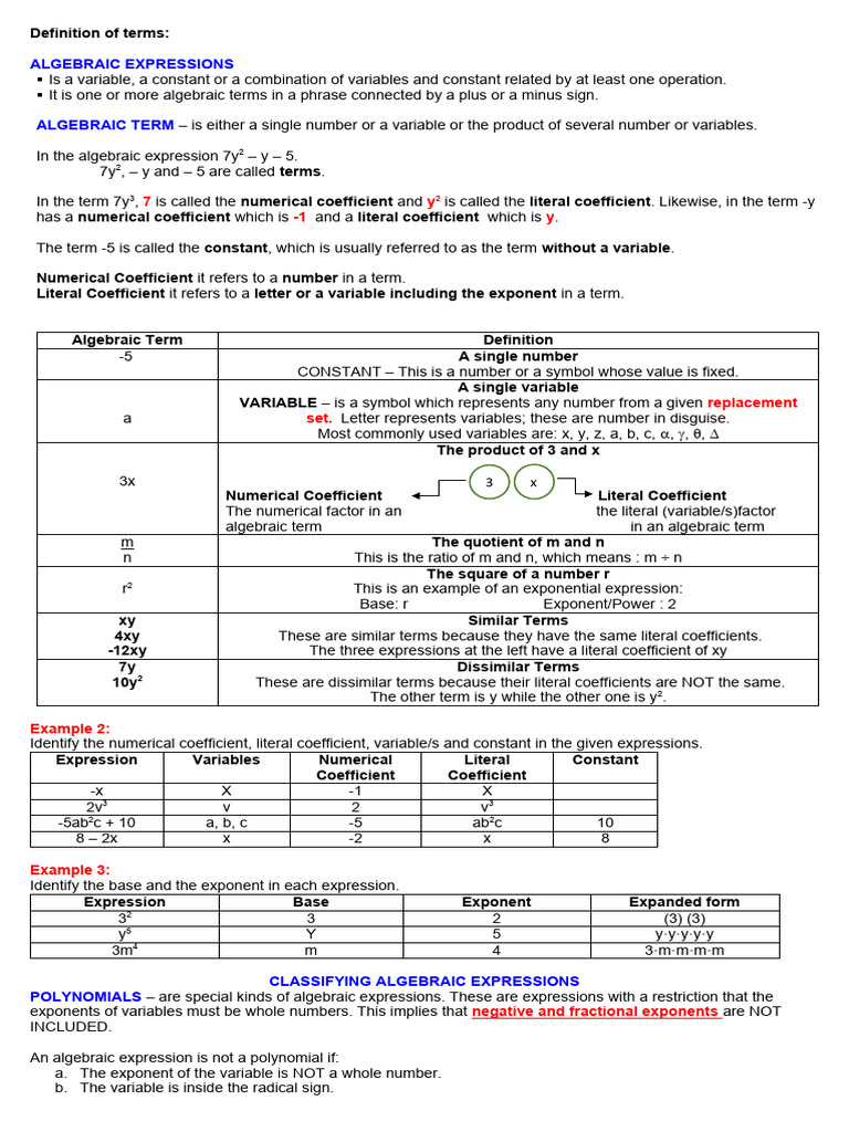 ALGEBRAIC EXPRESSIONS. Handouts | PDF | Polynomial | Variable (Mathematics)