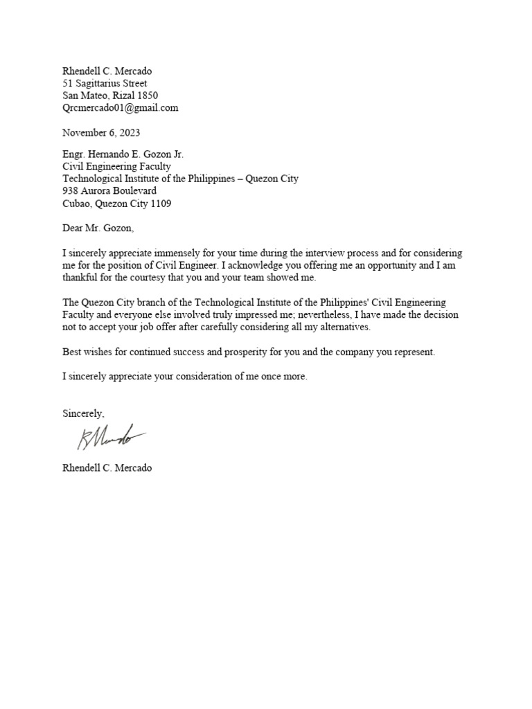 Job Offer Rejection Letter | PDF