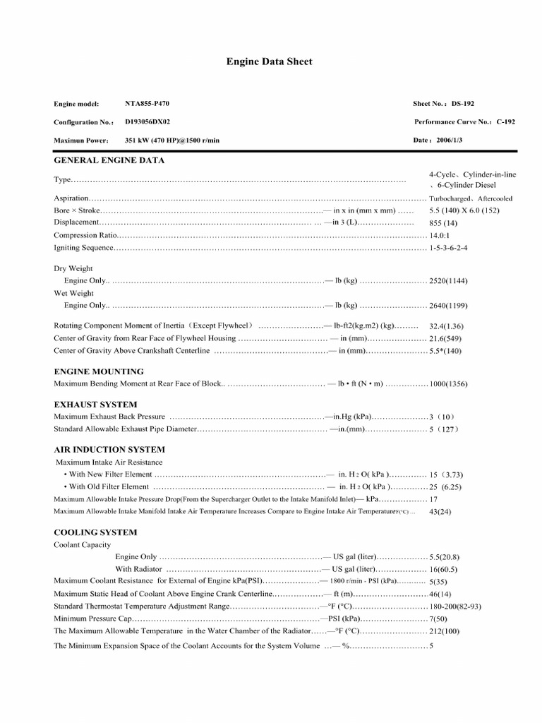 Engine Data Sheet English | PDF