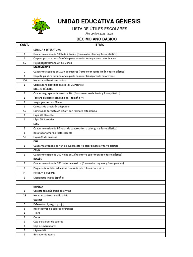 Listado de Útiles Décimo 2023-2024 | PDF | Color | Visión