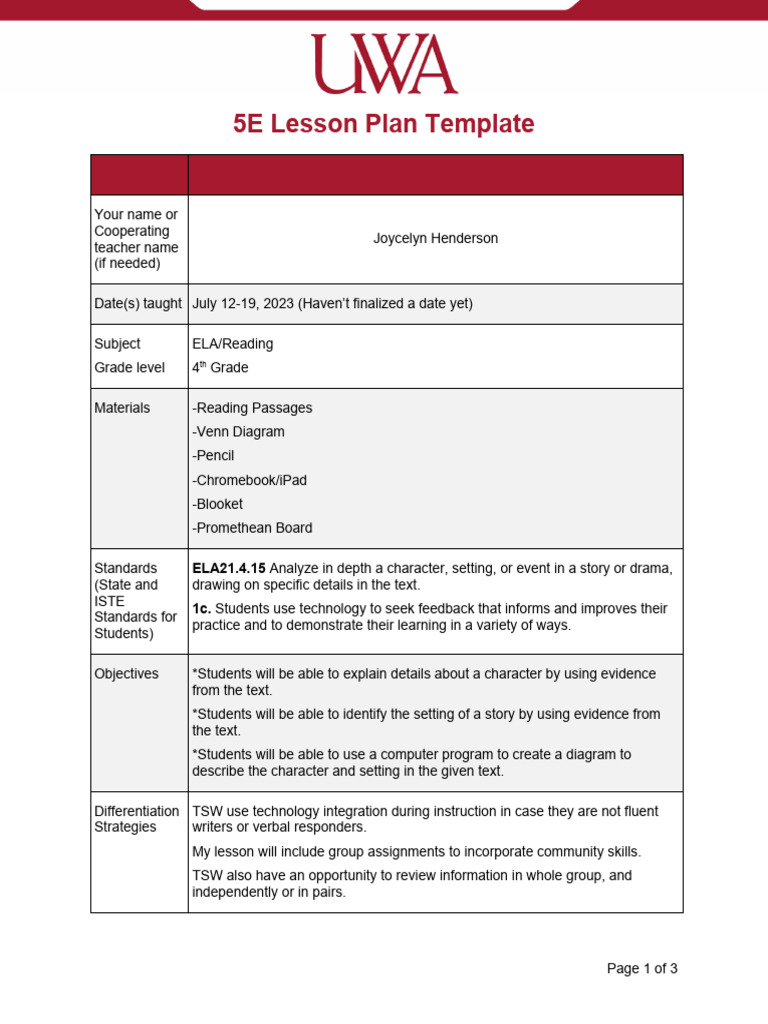 Henderson - ED508 5E Lesson Plan ELA | PDF | Lesson Plan | Learning