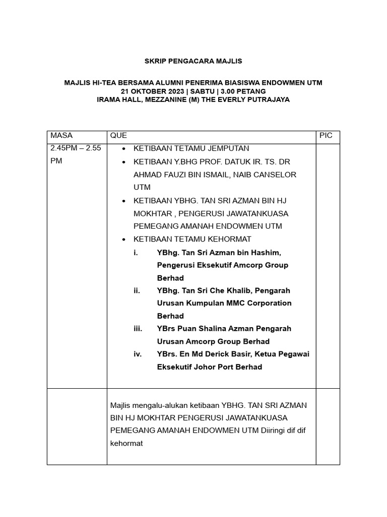 Skrip Majlis Hi-Tea Alumni UTM | PDF