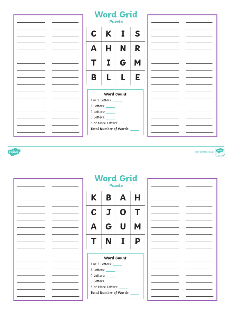 Word Grid Puzzle Worksheets | PDF | Games Of Mental Skill | Puzzles