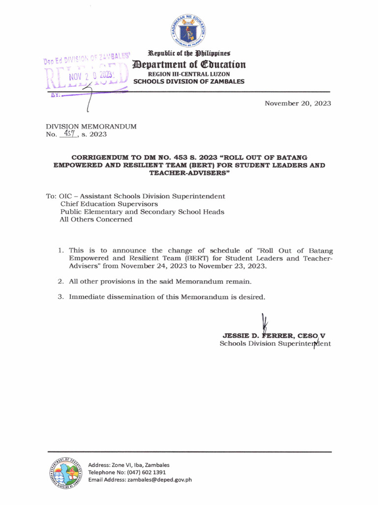 DM No. 457 S. 2023 Corrigendum To DM No 453 S. 2023 Roll Out of Batang Empowered and Resilient ...