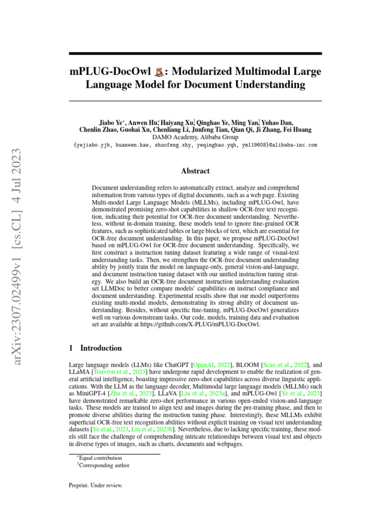 Mplug-Docowl: Modularized Multimodal Large Language Model For Document Understanding | PDF ...