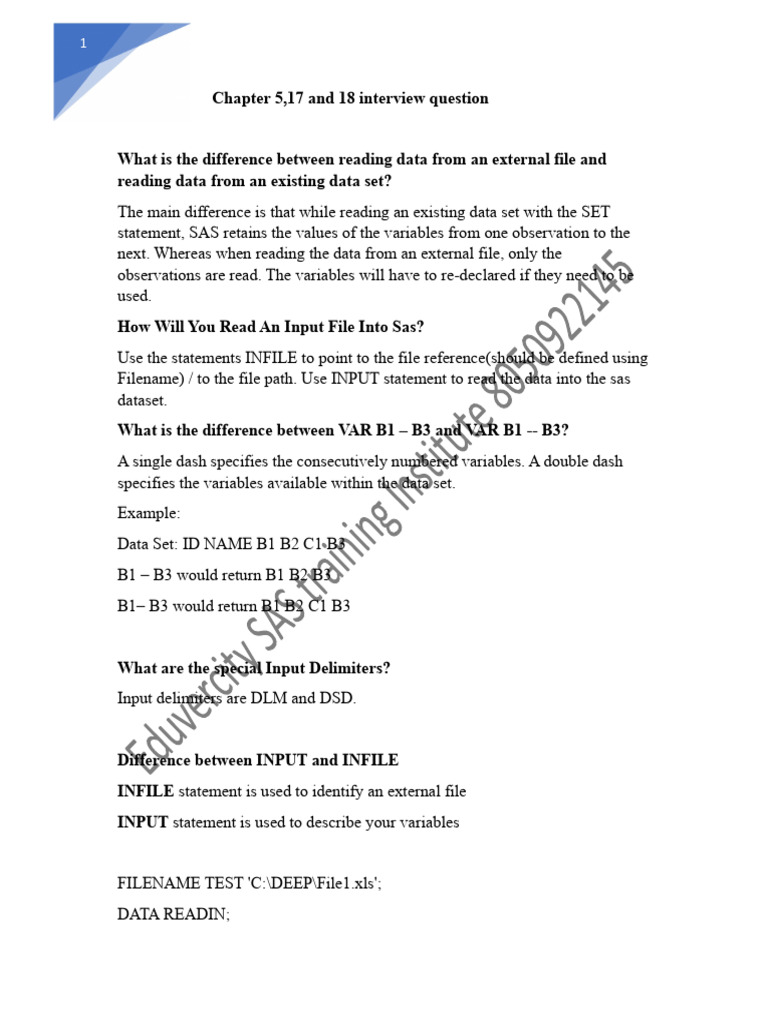 Chapter 5,17 and 18 Interview Question | PDF | Variable (Computer Science) | Sas (Software)