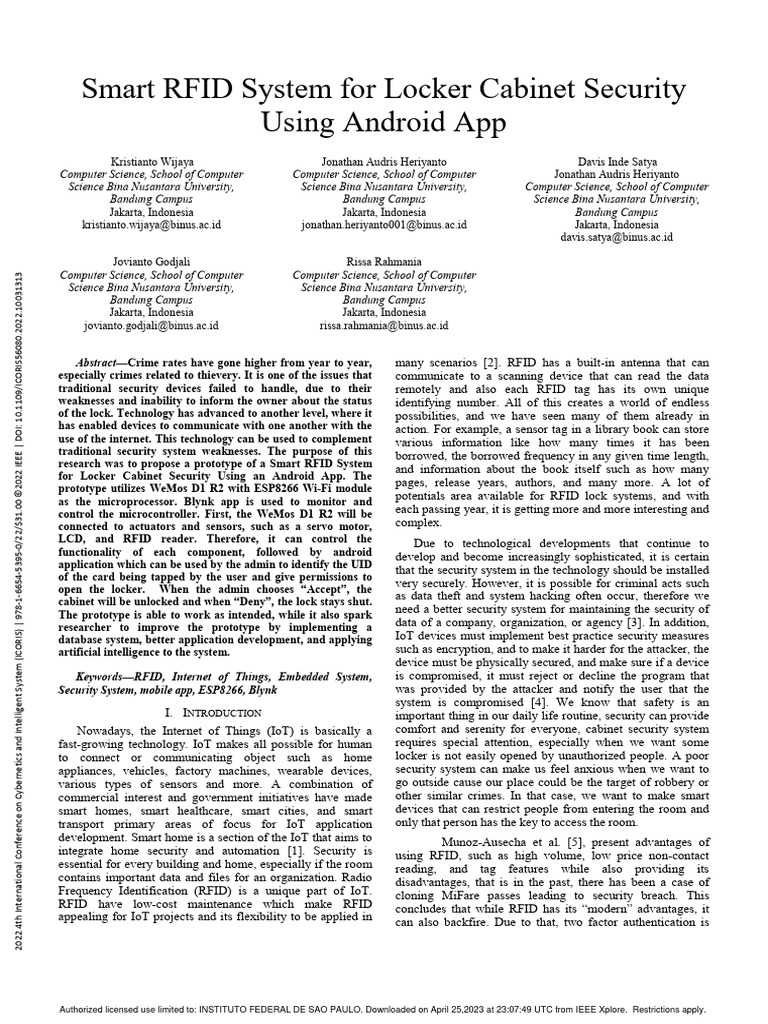 Smart RFID System For Locker Cabinet Security Using Android App | PDF | Radio Frequency ...