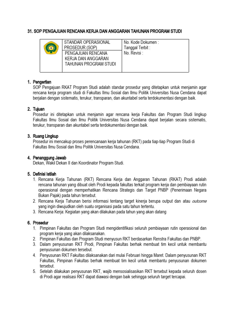 Sop Pengajuan Rencana Kerja Dan Anggaran Tahunan Program Studi | PDF