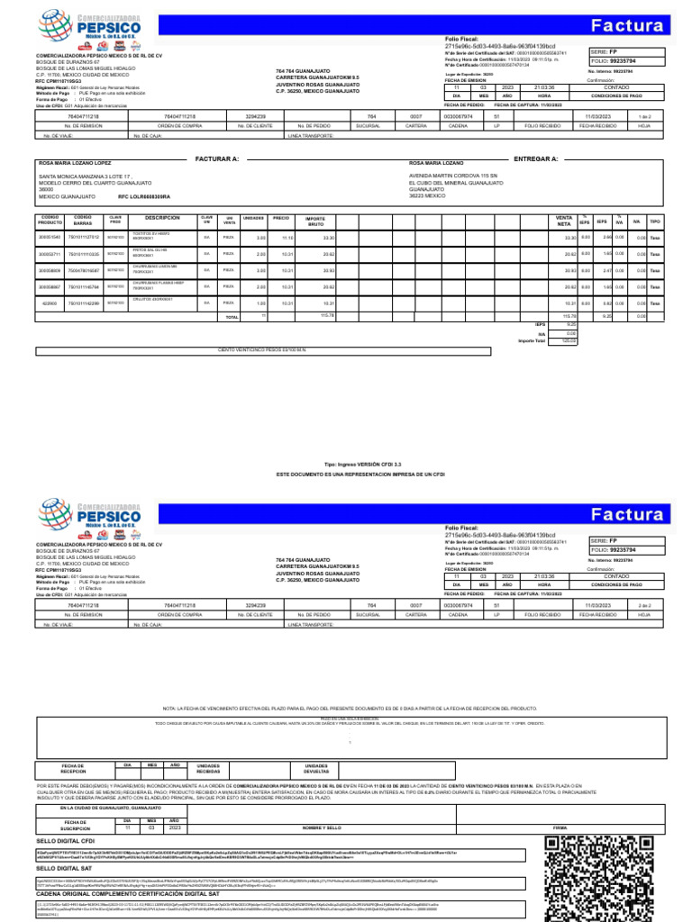 Facturar A: Entregar A:: Comercializadora Pepsico Mexico S de RL de CV | PDF | Responsabilidad ...