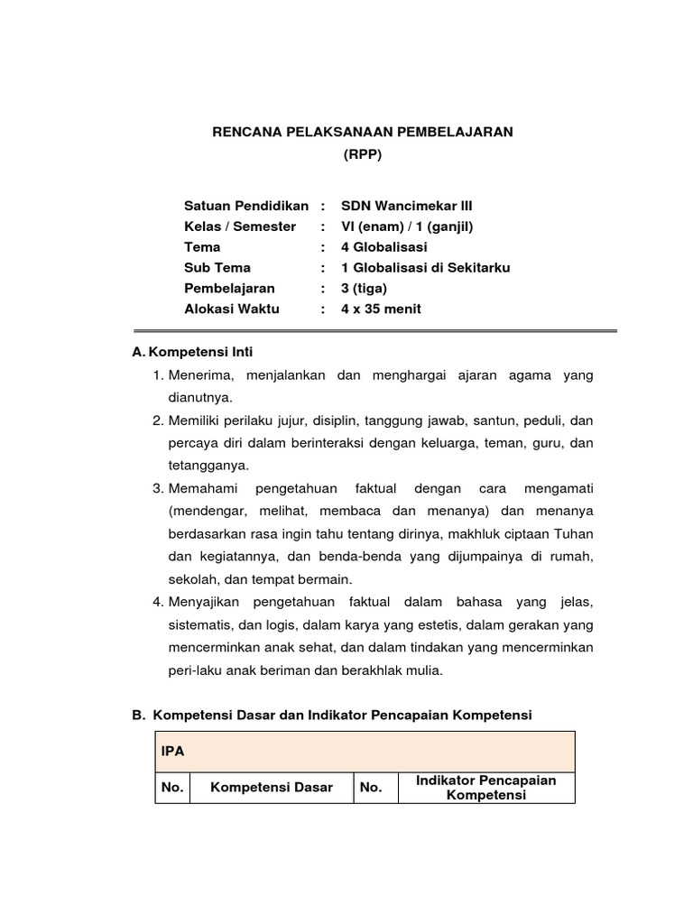 RPP Supervisi Kelas 6 | PDF | Karier & Perkembangan | Sains & Matematika