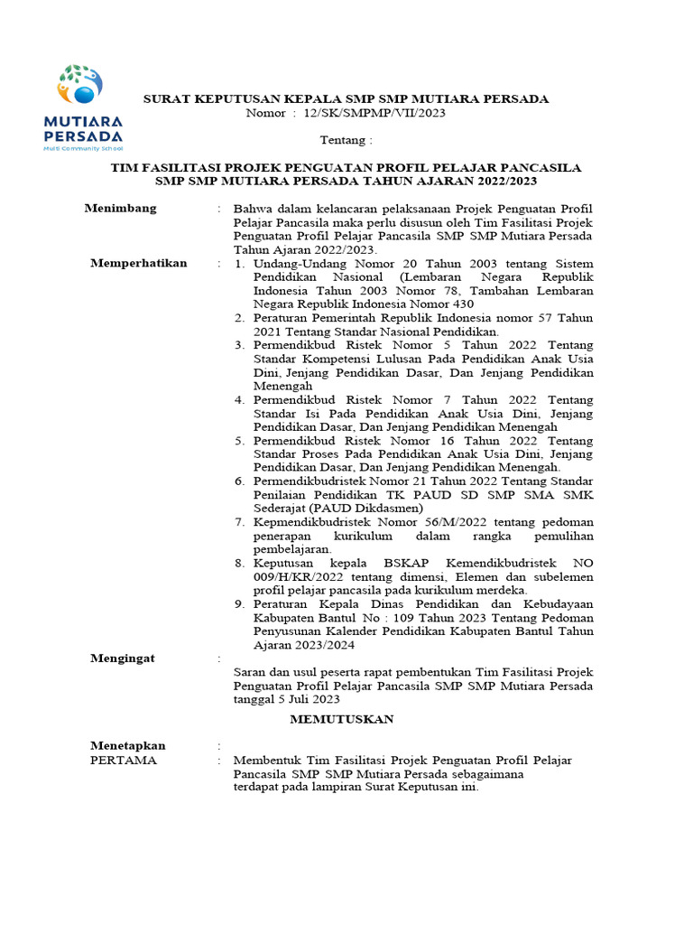 SK Tim Fasilitasi Projek Profil Pelajar Pancasila (P5) | PDF