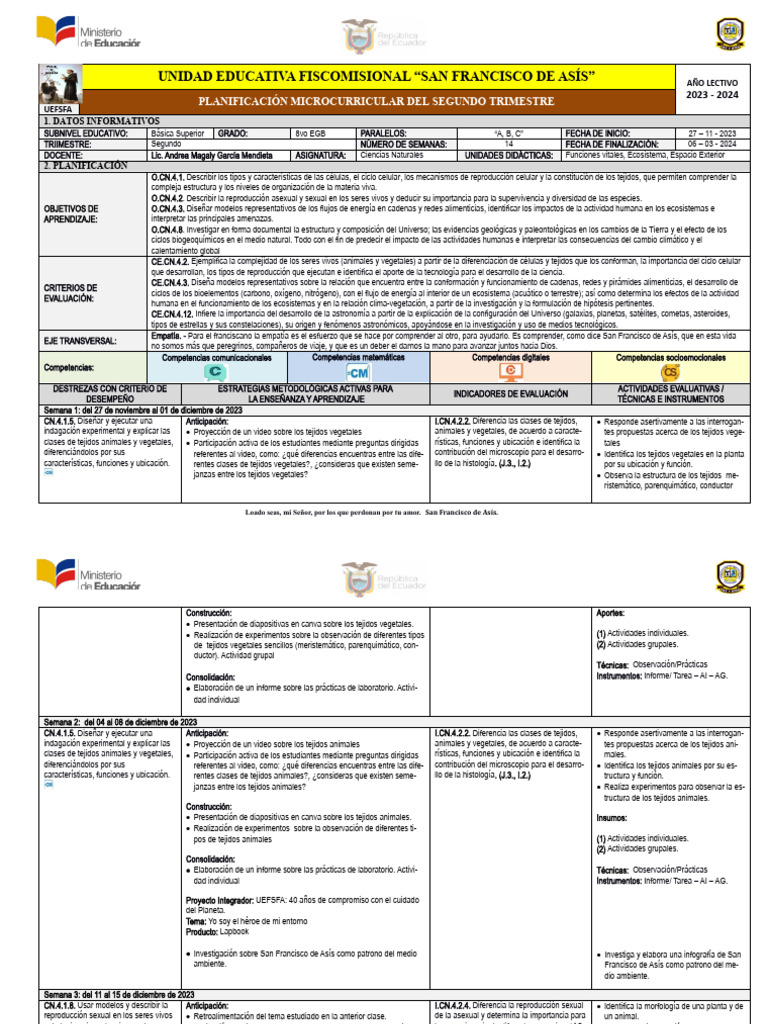 8vo 2 Trimestre Planificación Microcurricular 1 Pdf Red
