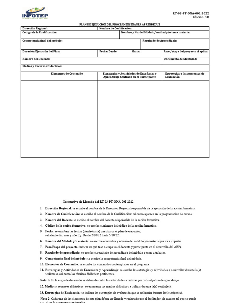 Plan de Ejecución Vacio | PDF | Evaluación | Enseñando