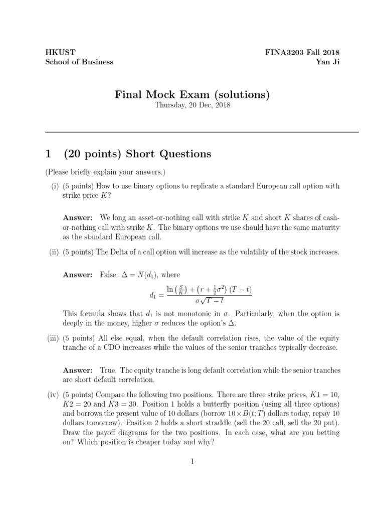 Final Exam Mock Solutions | PDF | Option (Finance) | Arbitrage