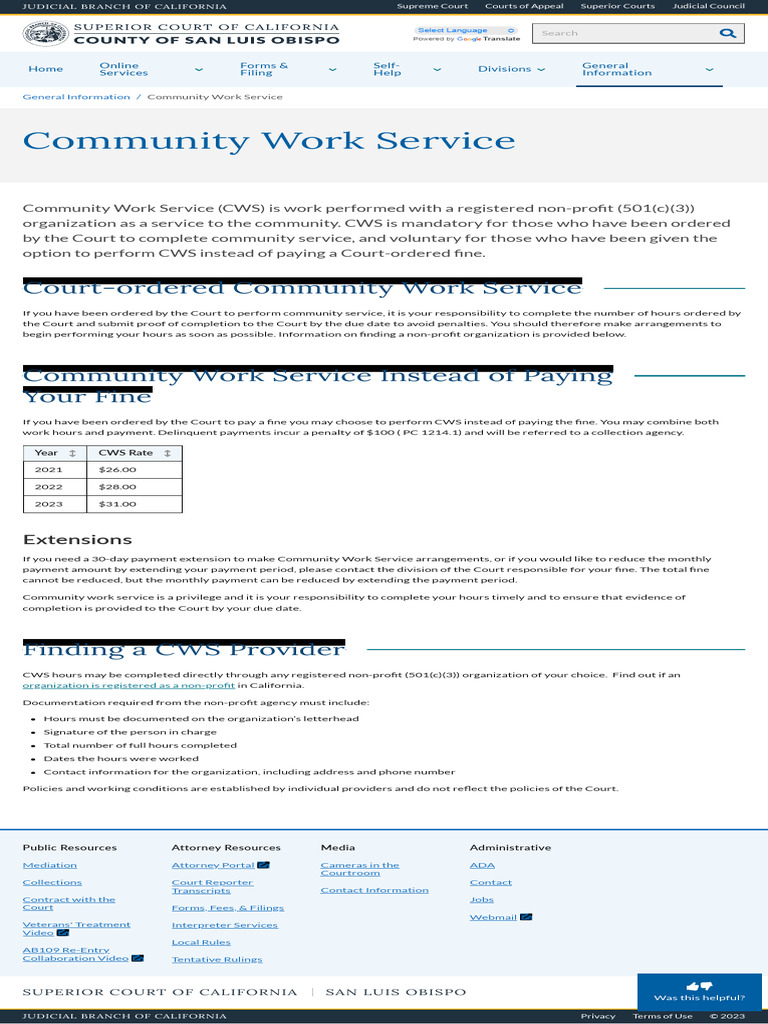 Community Work Service Superior Court of California County of San Luis ...
